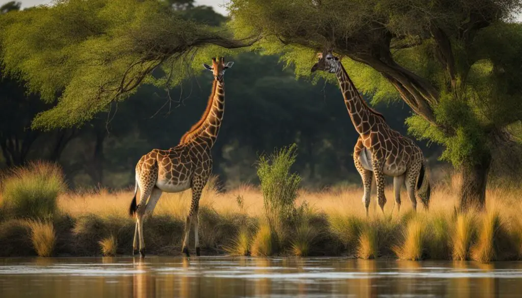 How do giraffes feed, and what is their feeding behavior?