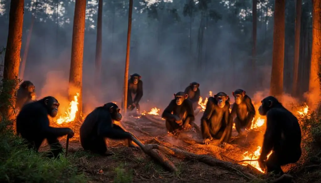 How do chimpanzees respond to wildfires in their habitats?