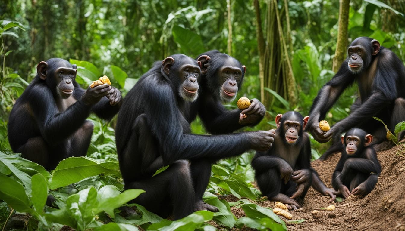 How do chimpanzees forage for food in the wild?